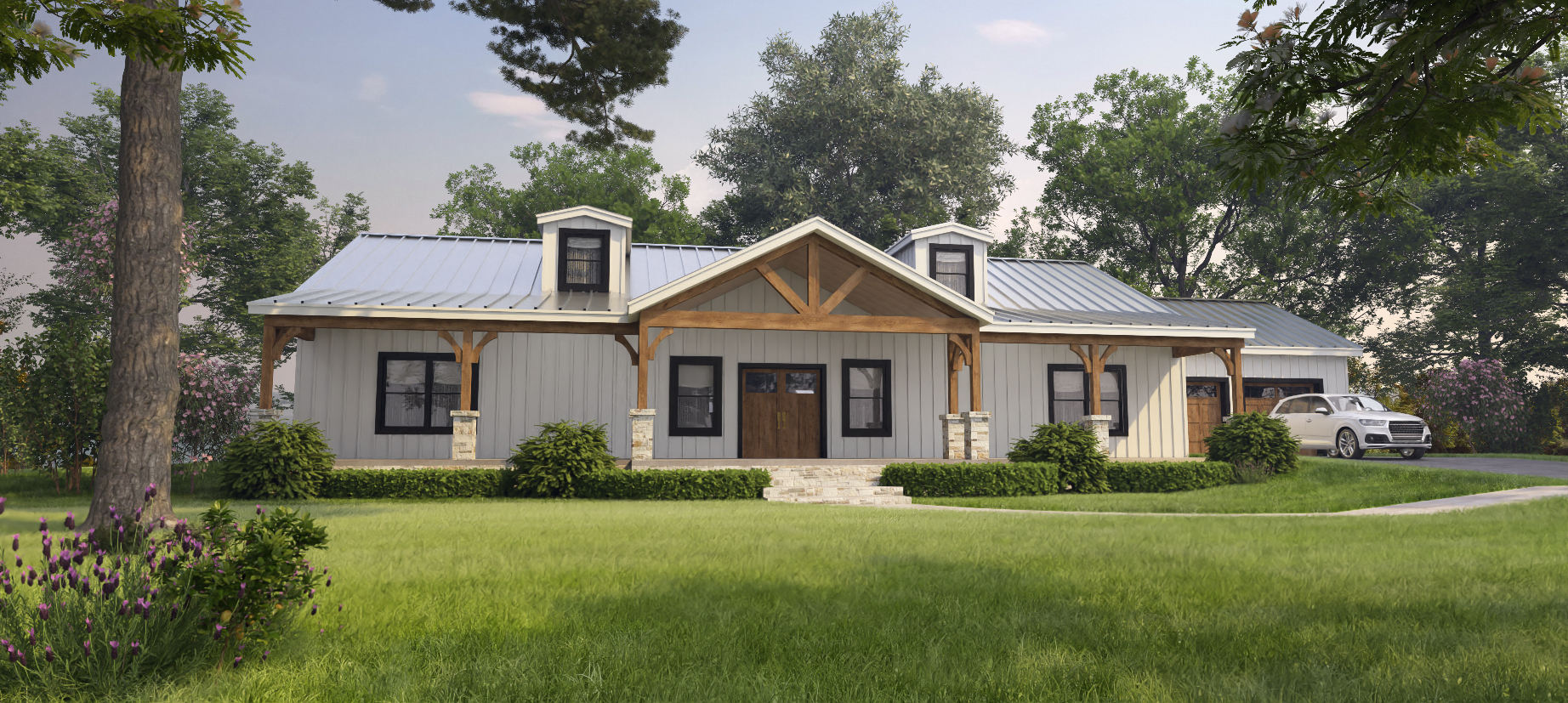 4 Bedroom Barndominium Floor Plan with Garage & Covered Porch