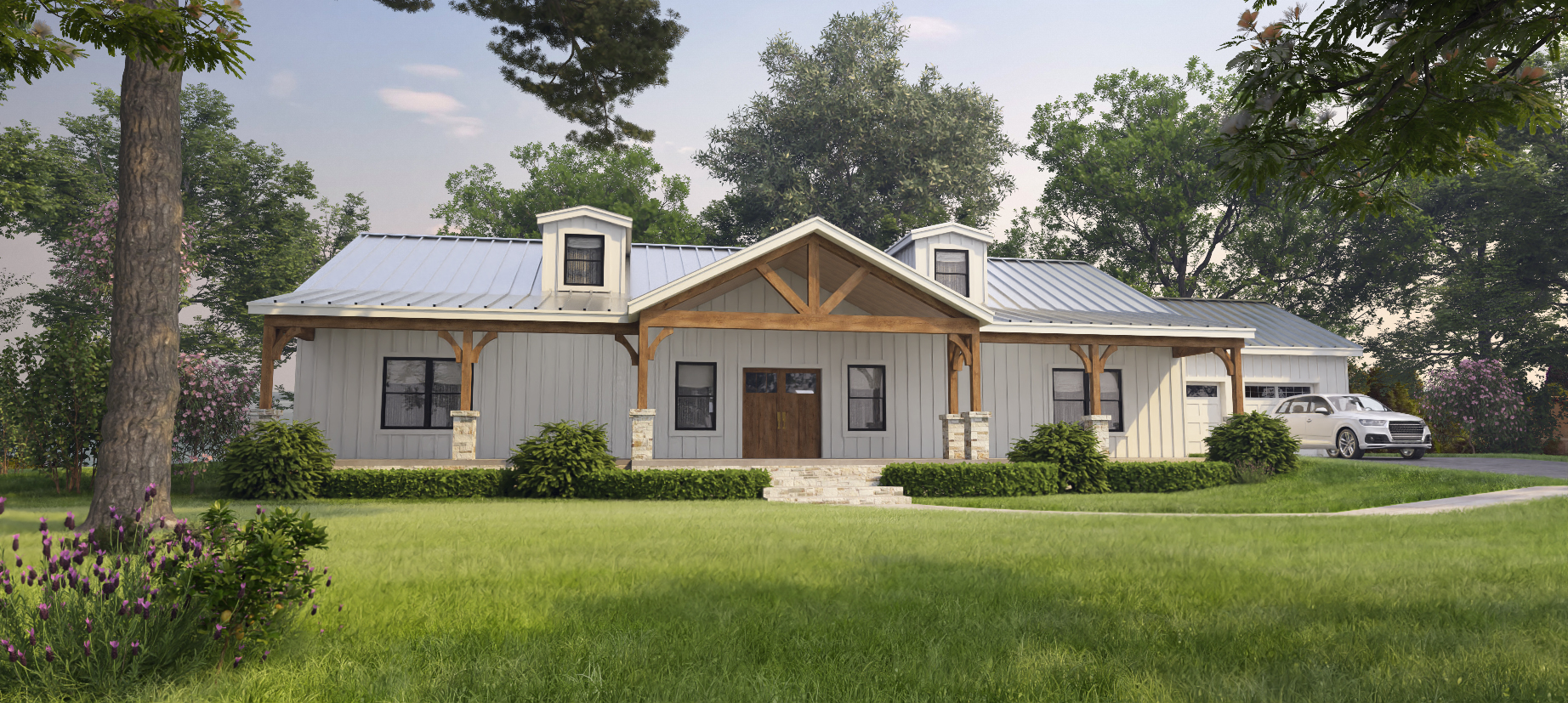 4 Bedroom Barndominium Floor Plan with Garage & Covered Porch